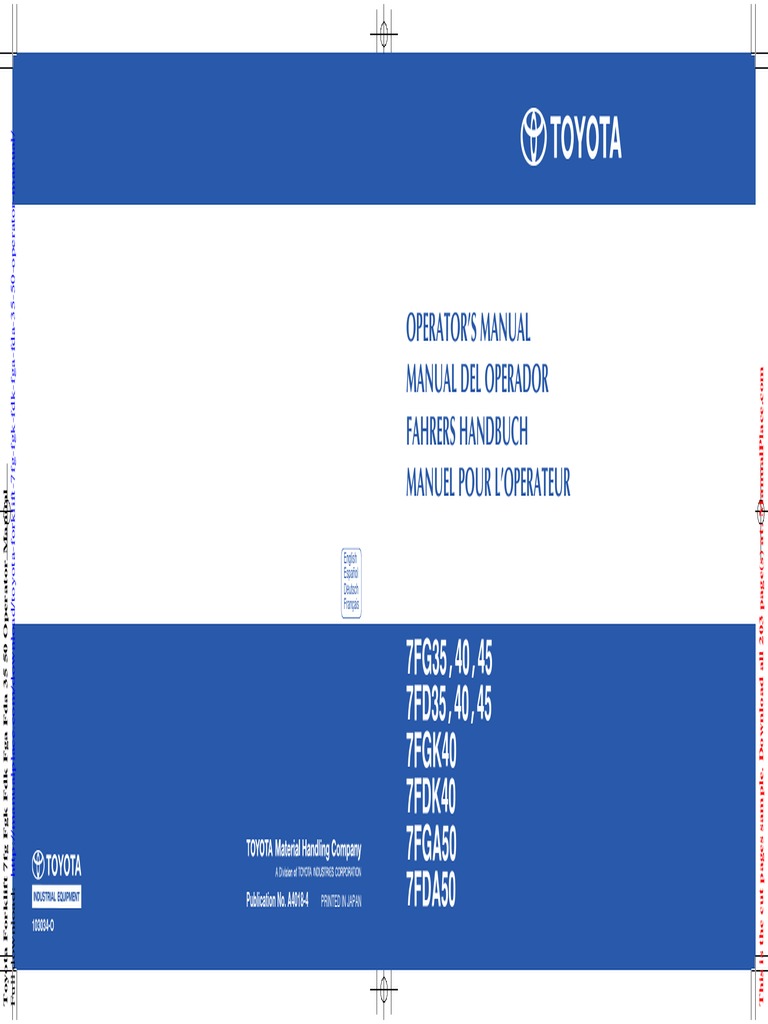 Toyota Forklift 7fg FGK FDK Fga FDA 35 50 Operator Manual | PDF ...