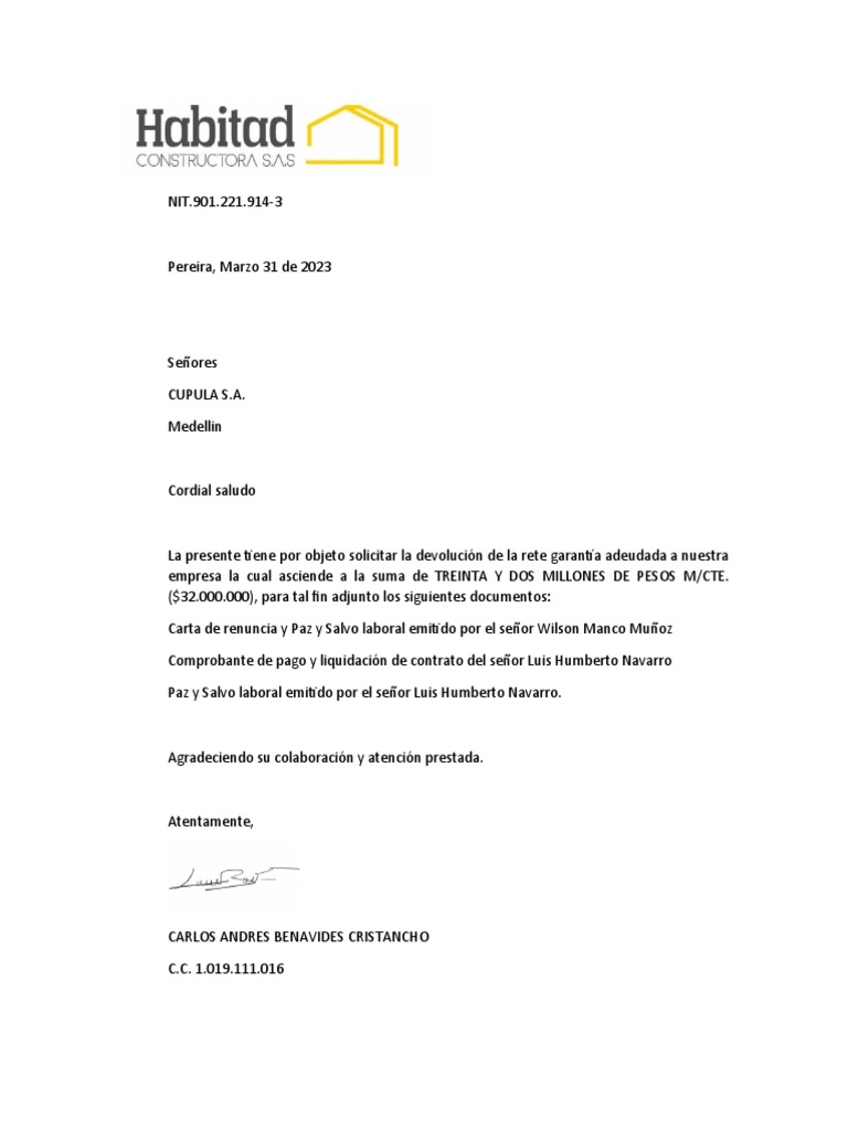 Carta Constructora Habitad Sas | PDF