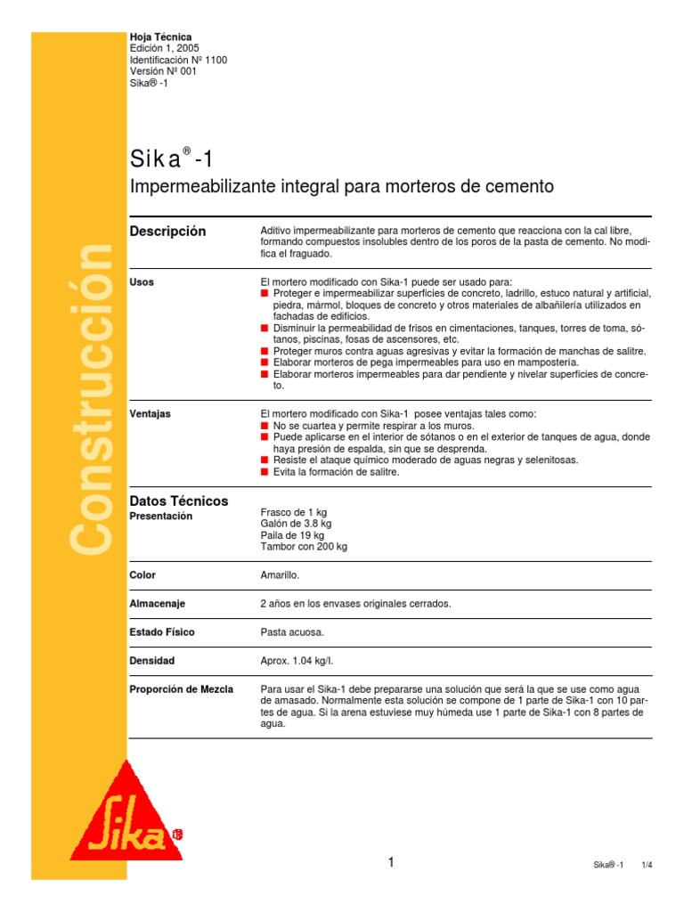 Sika 1 | PDF | Mortero (Albañilería) | Hormigón