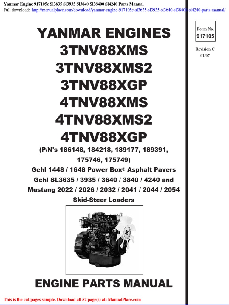 Yanmar Engine 917105c sl3635 sl3935 sl3640 sl38400 sl4240 Parts Manual ...