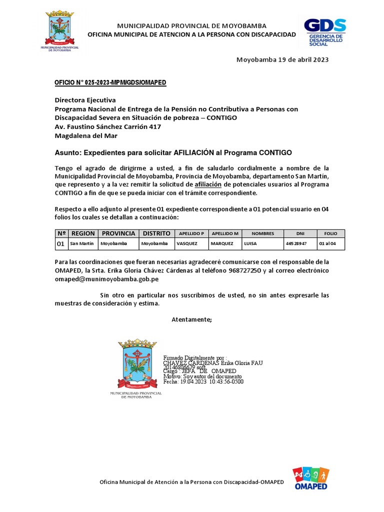 Afiliación al Programa CONTIGO Moyobamba | PDF