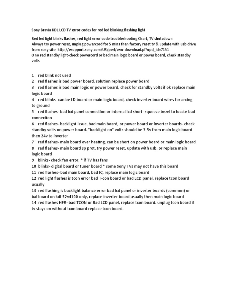 Sony Bravia KDL LCD TV Error Codes For Red Led Blinking Flashing Light ...