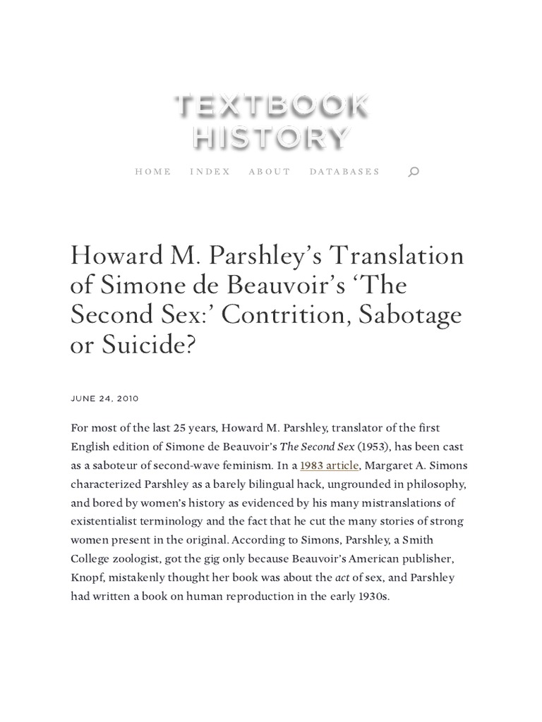 Howard M. Parshley's Translation of Simone de Beauvoir's The Second Sex ...