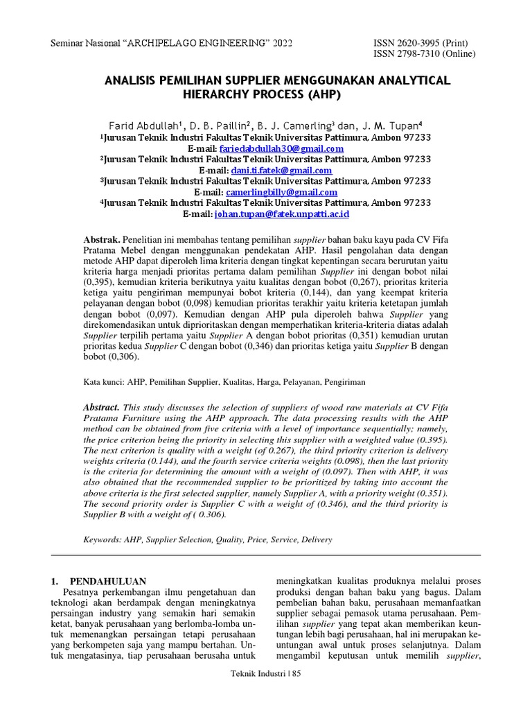 Analisis Pemilihan Supplier Menggunakan Analytical Hierarchy Process (Ahp) | PDF