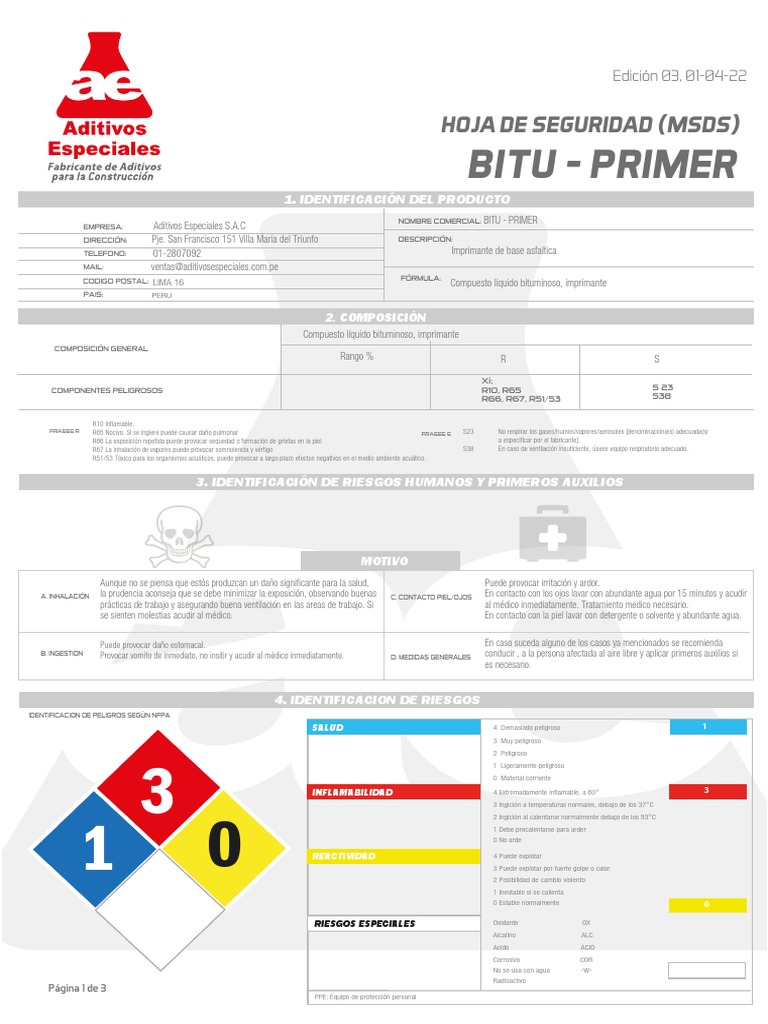 Bitu - Primer: Hoja de Seguridad (MSDS) | PDF | Dióxido de carbono | Agua