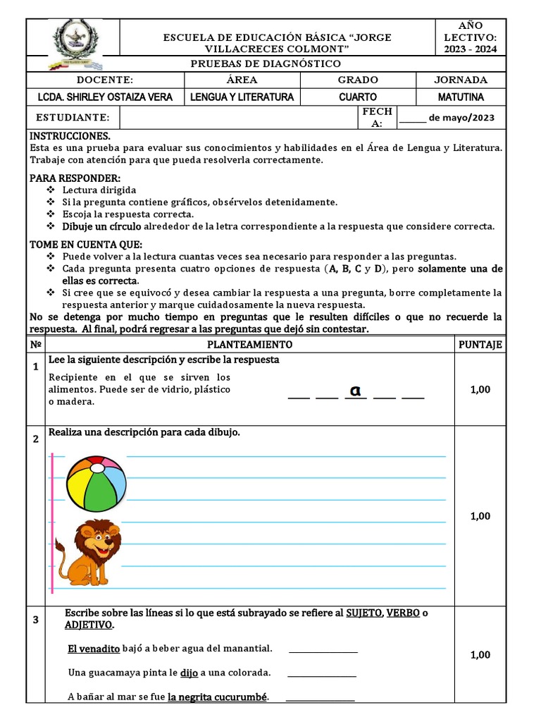 Prueba De Práctica De Ciencias De Cuarto Grado