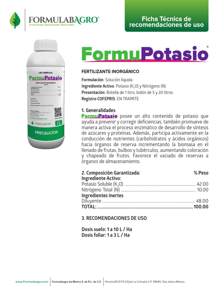 Formulabagro - Ficha Tecnica (FormuPotasio) | PDF | Agua | Química