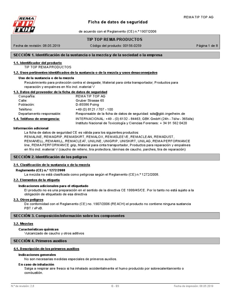 Ficha de Seguridad de Productos REMA TIP TOP | PDF | Residuos | Toxicidad