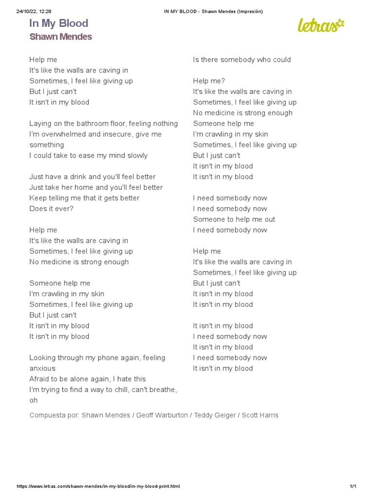 In My Blood Lyrics - Shawn Mendes | PDF