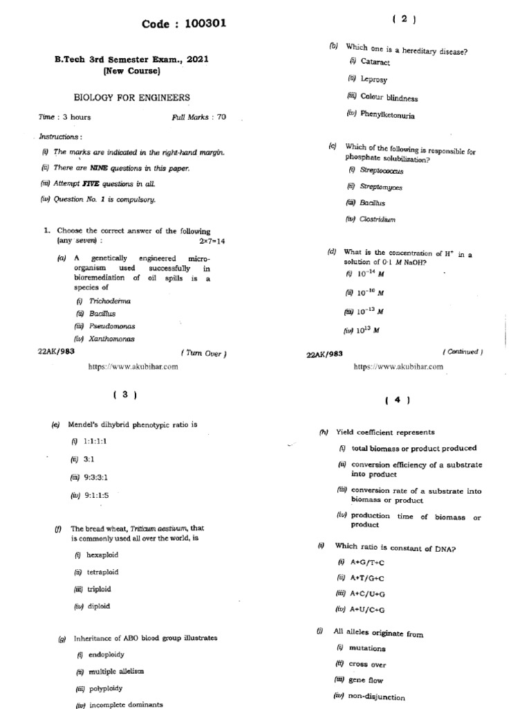 Btech 3 Sem Biology For Engineers 100301 2021 | PDF