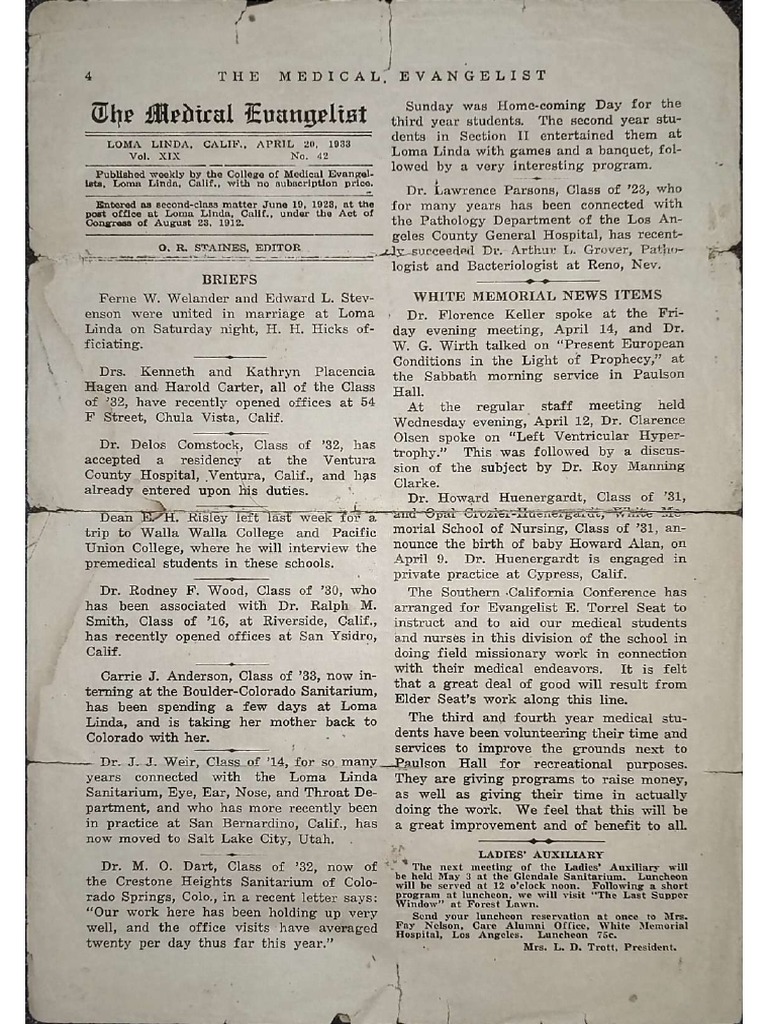 The Medical Evangelist On Kellogg Mookerjee Memorial Seminary 1933 | PDF