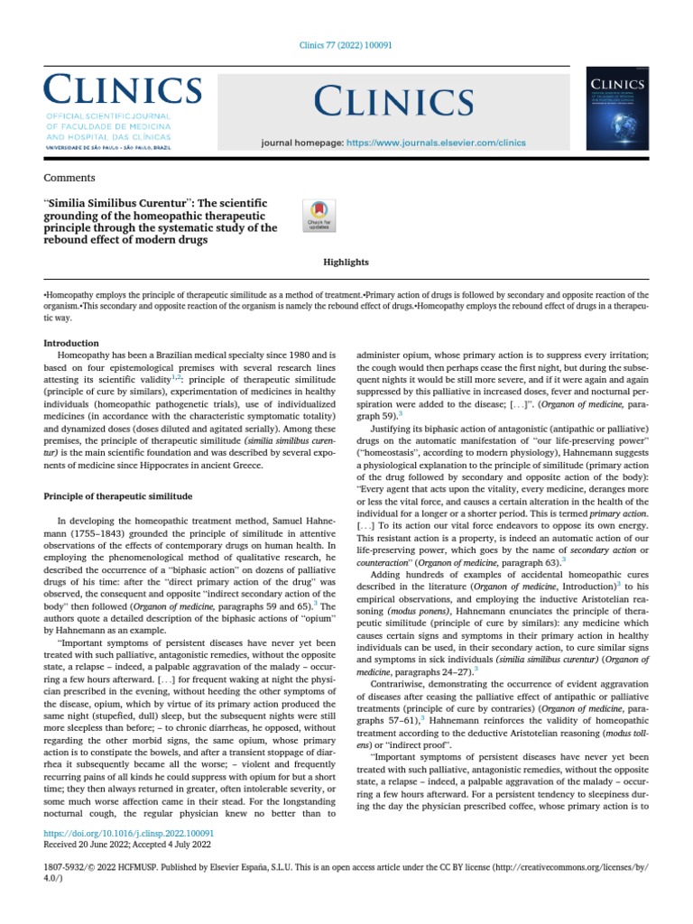 "Similia Similibus Curentur" - The Scientific Grounding of The Homeopathic Therapeutic Principle ...