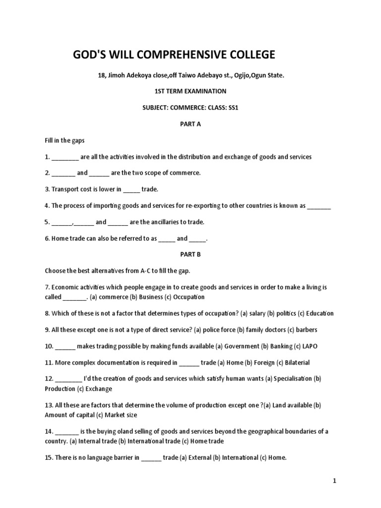 Commerce Ss1 1st Term | PDF | Trade | Business Economics