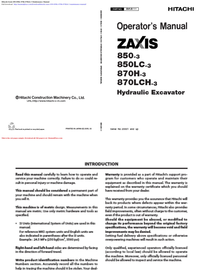 Hitachi Zaxis 850 850lc 870h 870lch 3 Maintenance Manual | PDF | Pump | Mechanical Engineering