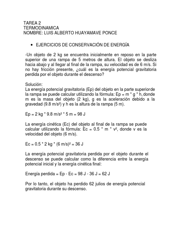Tarea 2 Termodinamica | PDF | Energía potencial | Gravedad