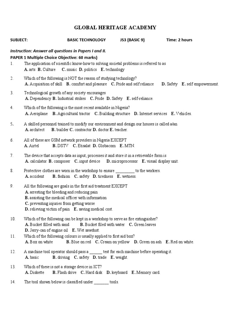 JS3 Basic Technology Exam Questions | PDF | Technology & Engineering