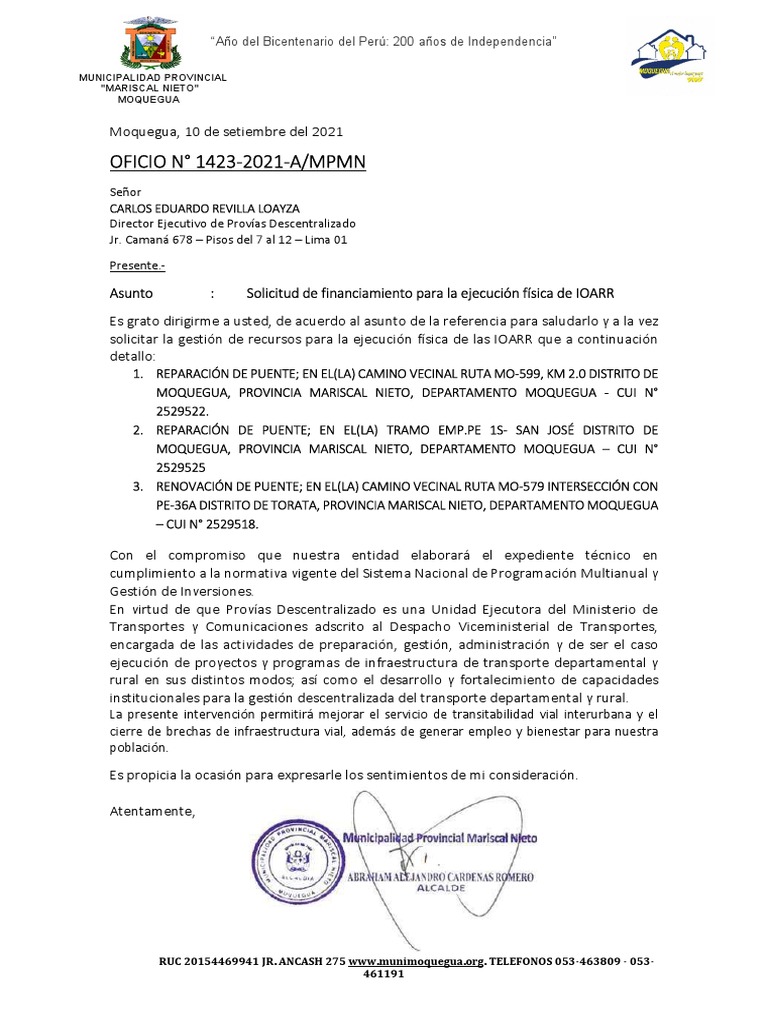 Oficio N°1423-2021-A-Mpmn | PDF