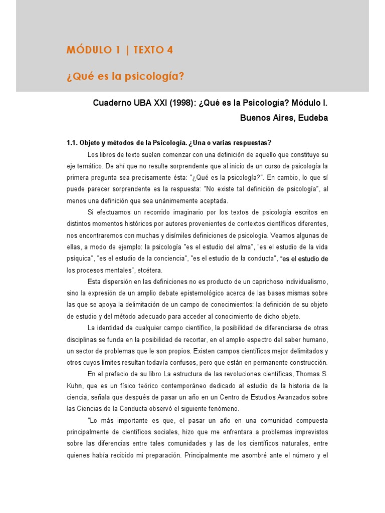 MÓDULO 1 TEXTO 4-¿Qué Es La Psicología - Cuaderno UBA XXI (1998) ¿Qué Es La Psicología Módulo I ...