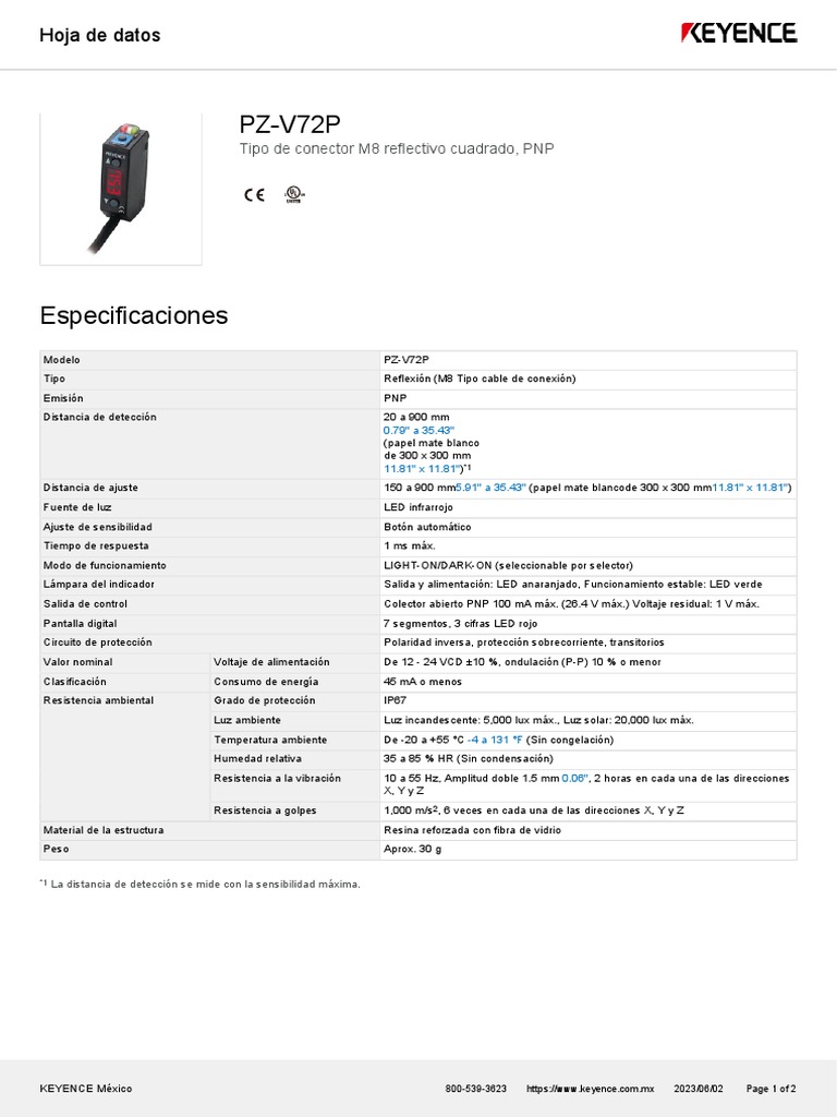 Hoja de Datos PZ-V72P Keyence | PDF | Diodo emisor de luz | Bienes ...