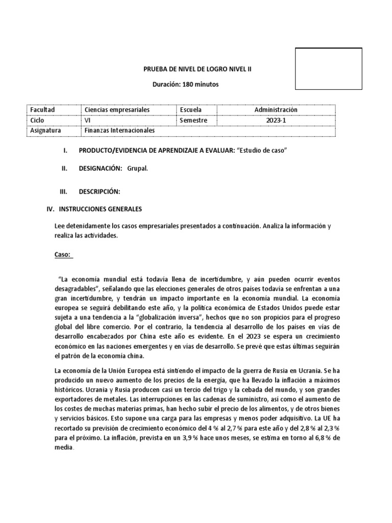 PRUEBA DE NIVEL DE LOGRO - PNL II Nivel 2023-1 | PDF | Business | Inflación