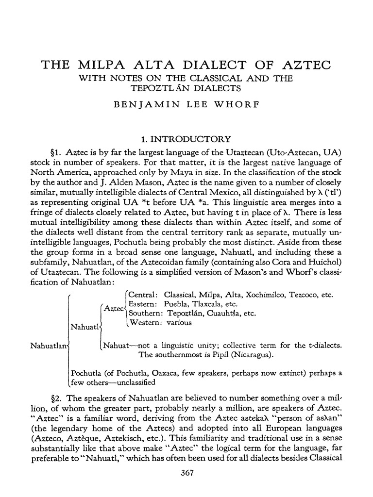 Nahuatl The Milpa Alta Dialect of Aztec (Whorf) | PDF