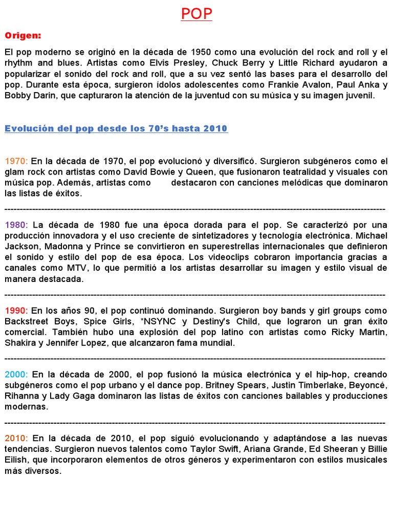 Evolución del Pop: 1950-2010 | PDF | Música pop | La música rock