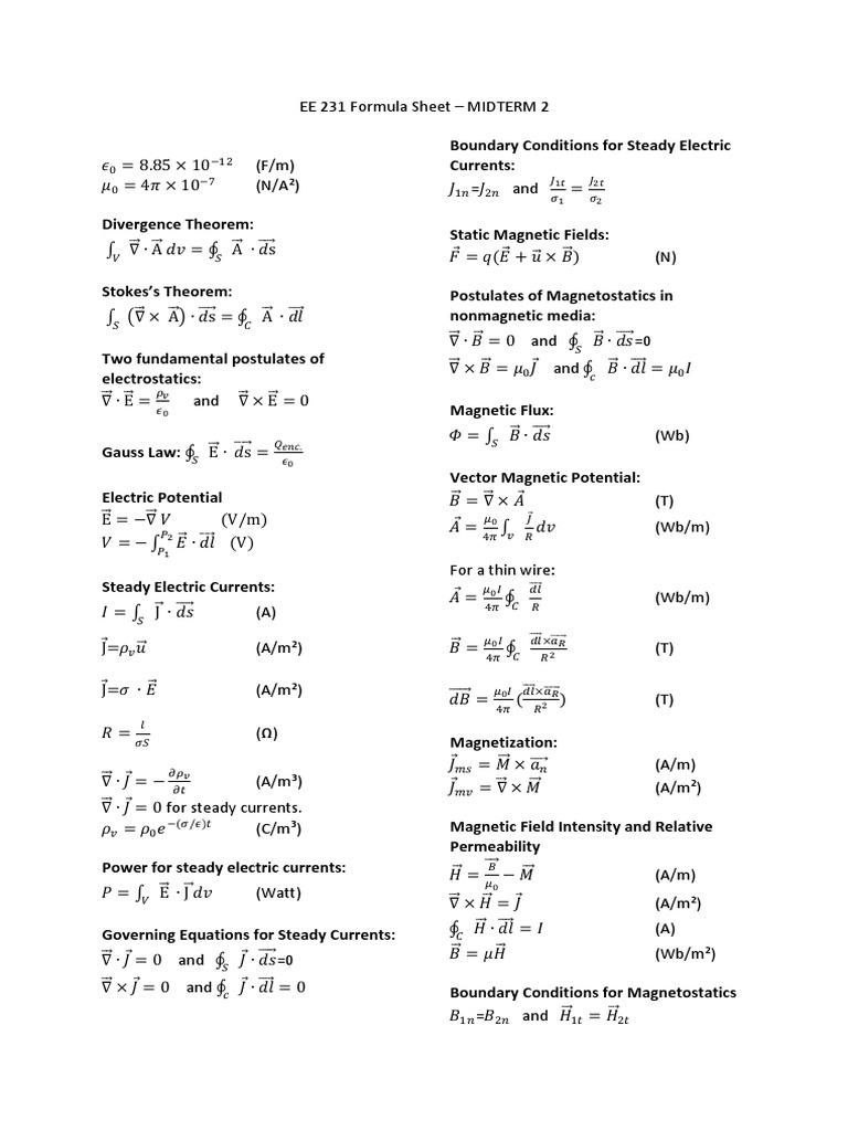 EE 231 Formula Sheet | Download Free PDF | Magnetism | Building Engineering