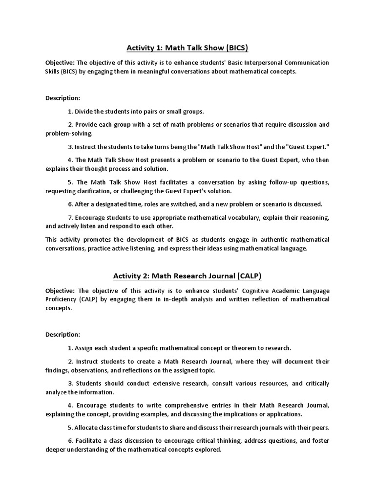 BICS vs CALP in Math Activities | PDF | Mathematics | Communication