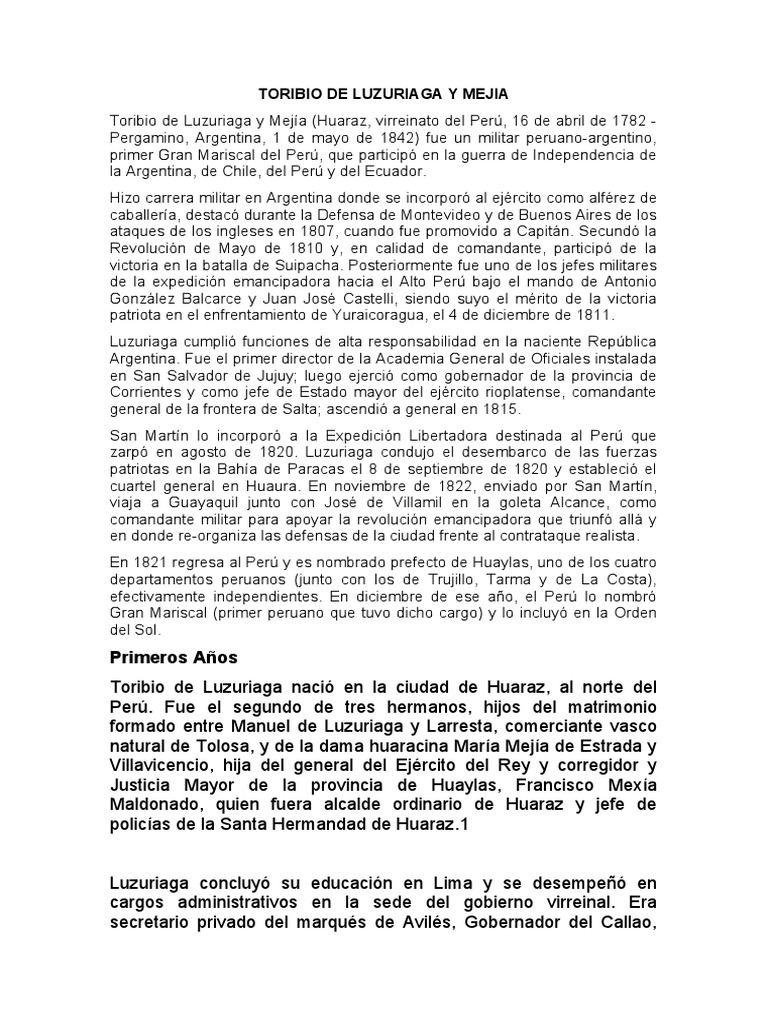 BIOGRAFIA DE TORIBIO DE LUZURIAGA Y MEJIA | PDF