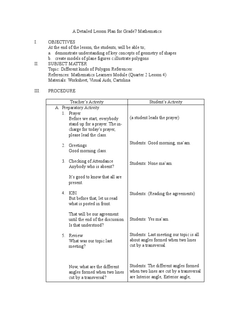 A Detailed Lesson Plan For Grade7 Mathematics Final | PDF | Polygon ...