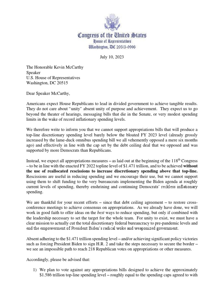 House Republicans - Letter To Speaker McCarthy | PDF | Appropriations ...