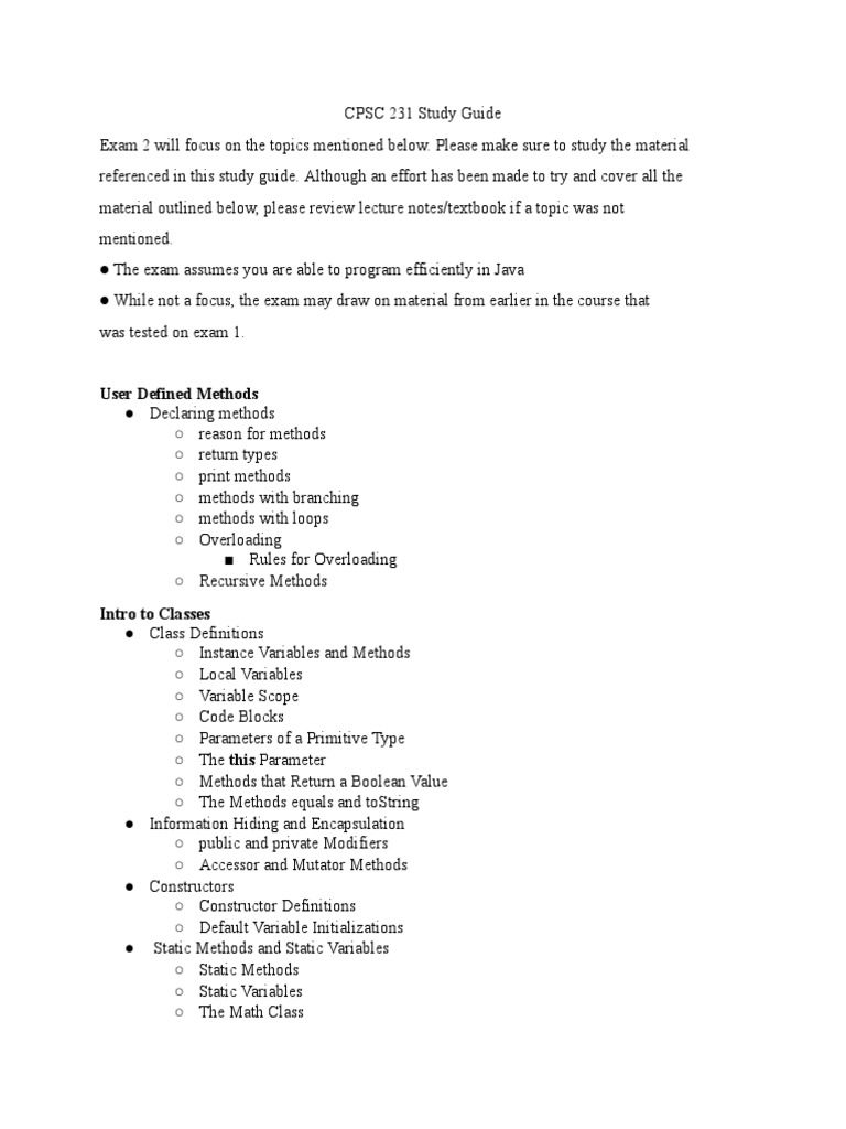CPSC 231 Exam2 Study Guide | PDF | Method (Computer Programming) | Class (Computer Programming)