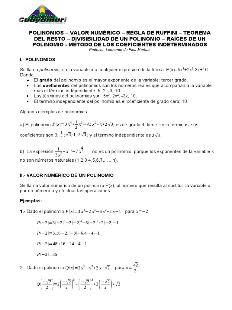 Polinomios - Valor Numérico - Regla de Ruffini - Teorema Del Resto - Método de Los | PDF ...