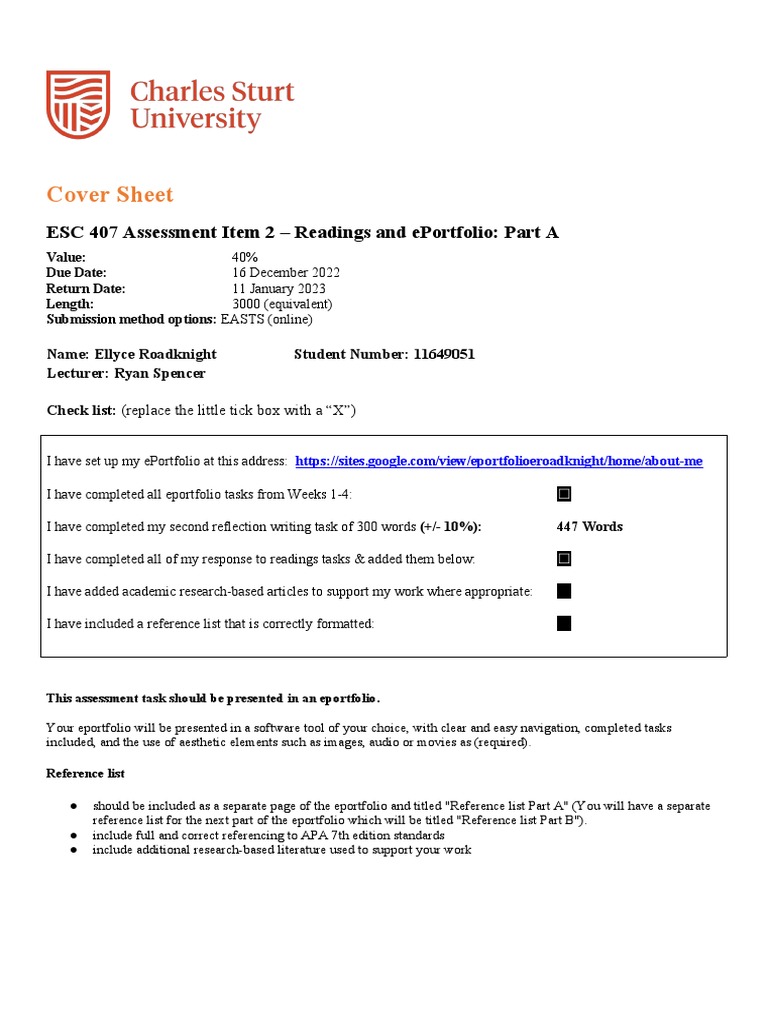 Cover Sheet: Esc 407 Assessment Item 2 - Readings and Eportfolio: Part ...