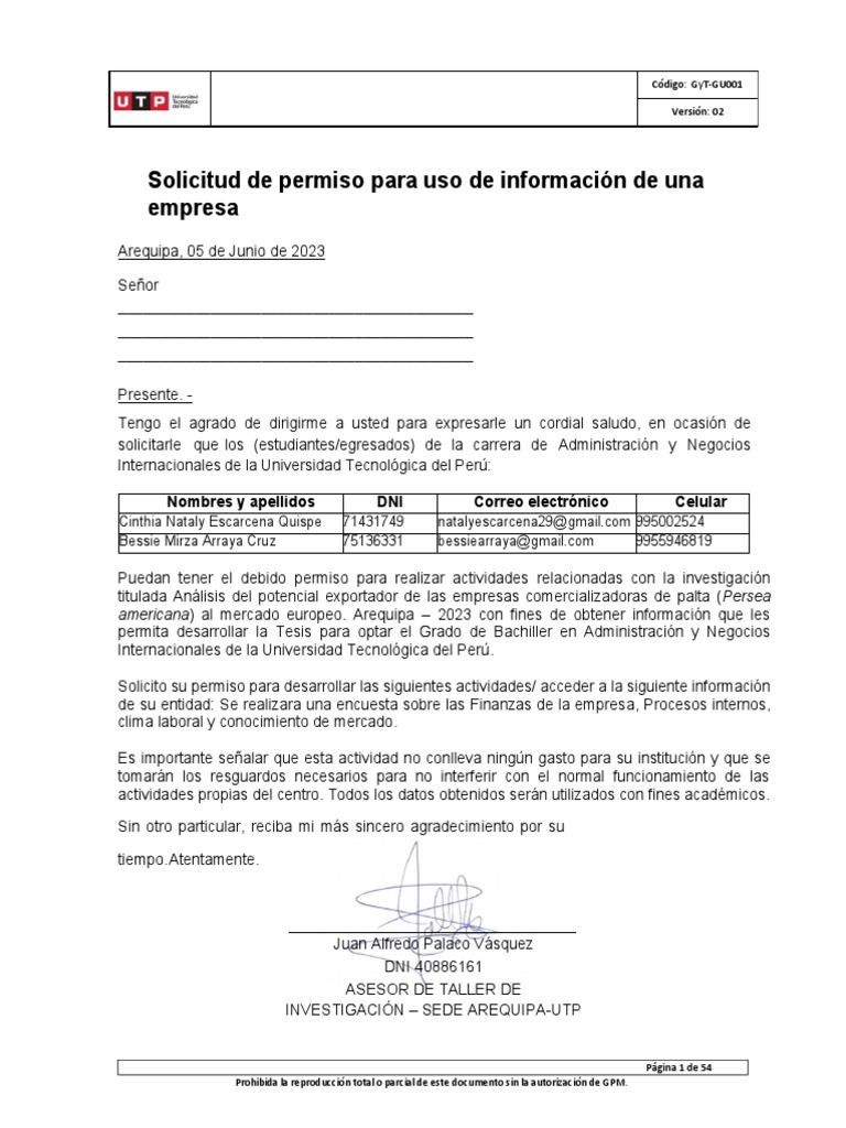 7 Carta A La Empresa y Permiso para Uso Información | PDF 7 Carta A La Empresa y Permiso para Uso Información | PDF