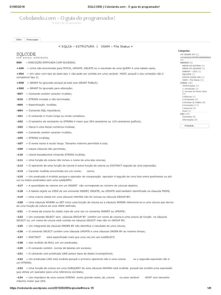SQLCODE - Cobolando - Com - O Guia Do Programador! | PDF | Tabela ...