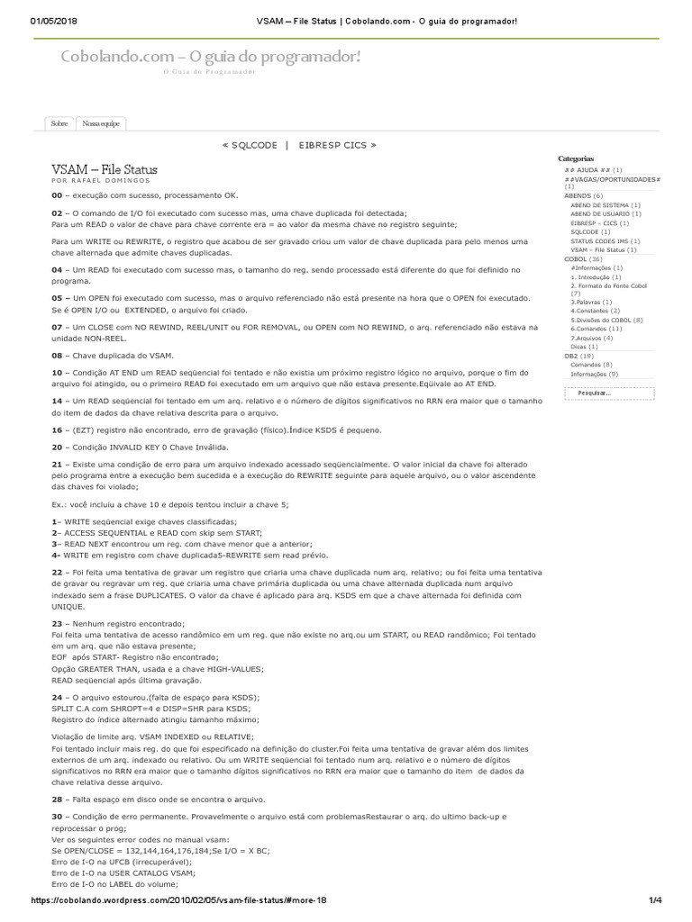 VSAM - File Status - Cobolando - Com - O Guia Do Programador! | PDF | Entrada/Saída | Hardware ...
