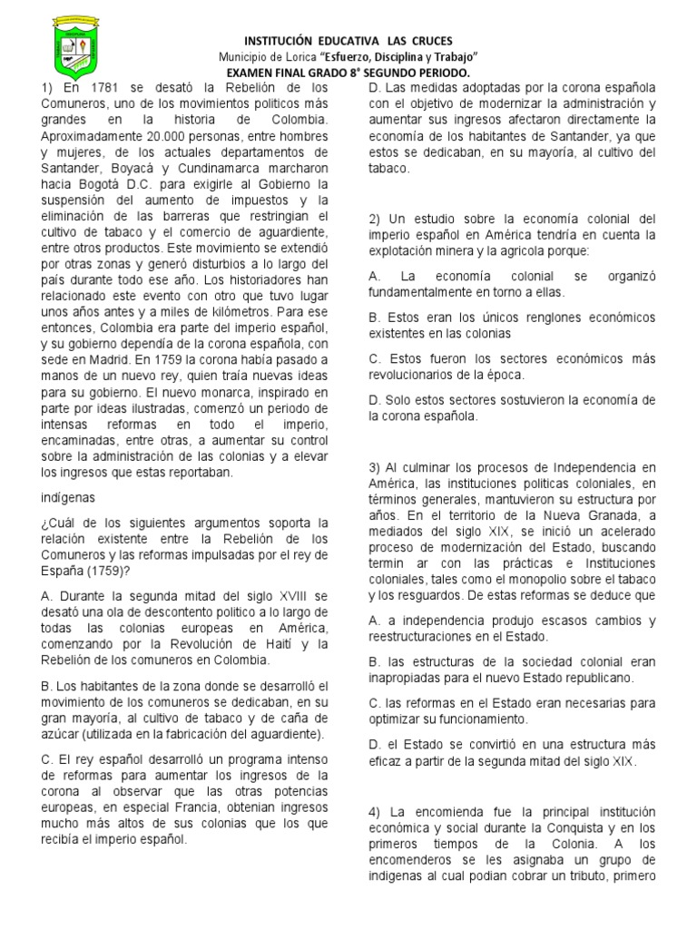 Examen Grado 8° Segundo Periodo 2023 | PDF