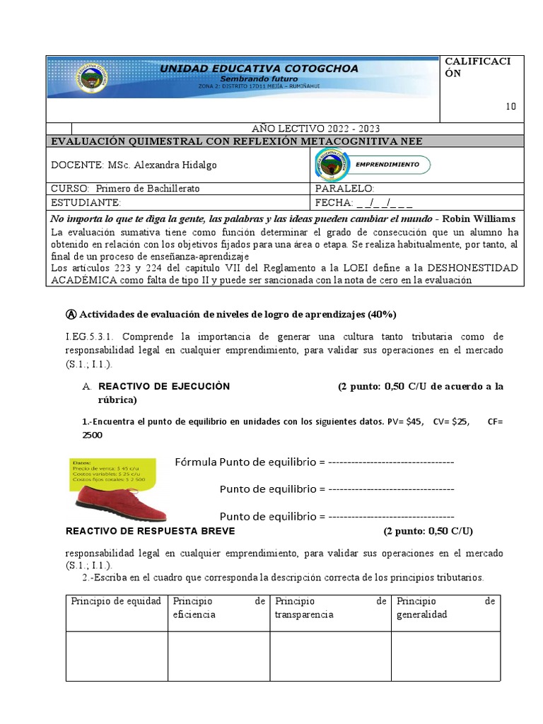 1Q - Primero Emprendimiento | PDF | Evaluación