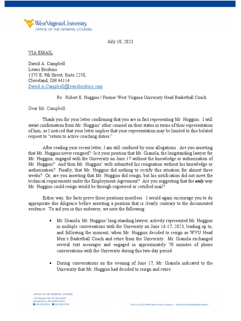 WVU's Response Letter To Campbell Regarding Huggins | PDF | Registered ...