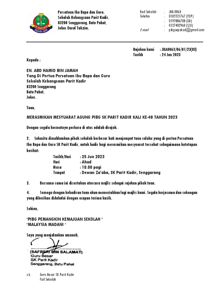 Mesyuarat Agung PIBG SK Parit Kadir 2023 | PDF