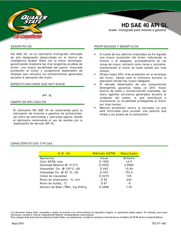 FT - HD Reforzado SAE 40 API SL | PDF | Lubricante | Materiales