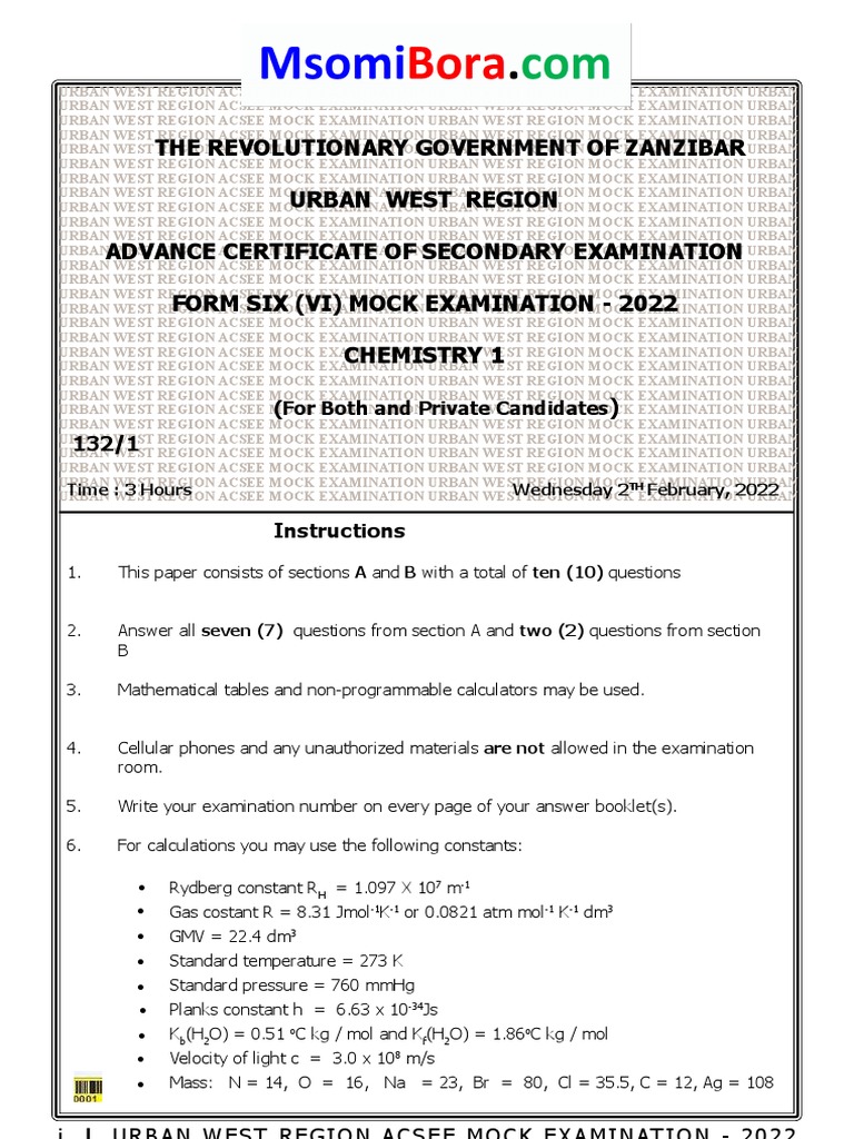 Form 6 Mock Zanzibar 2022 | PDF | Coordination Complex | Salt (Chemistry)