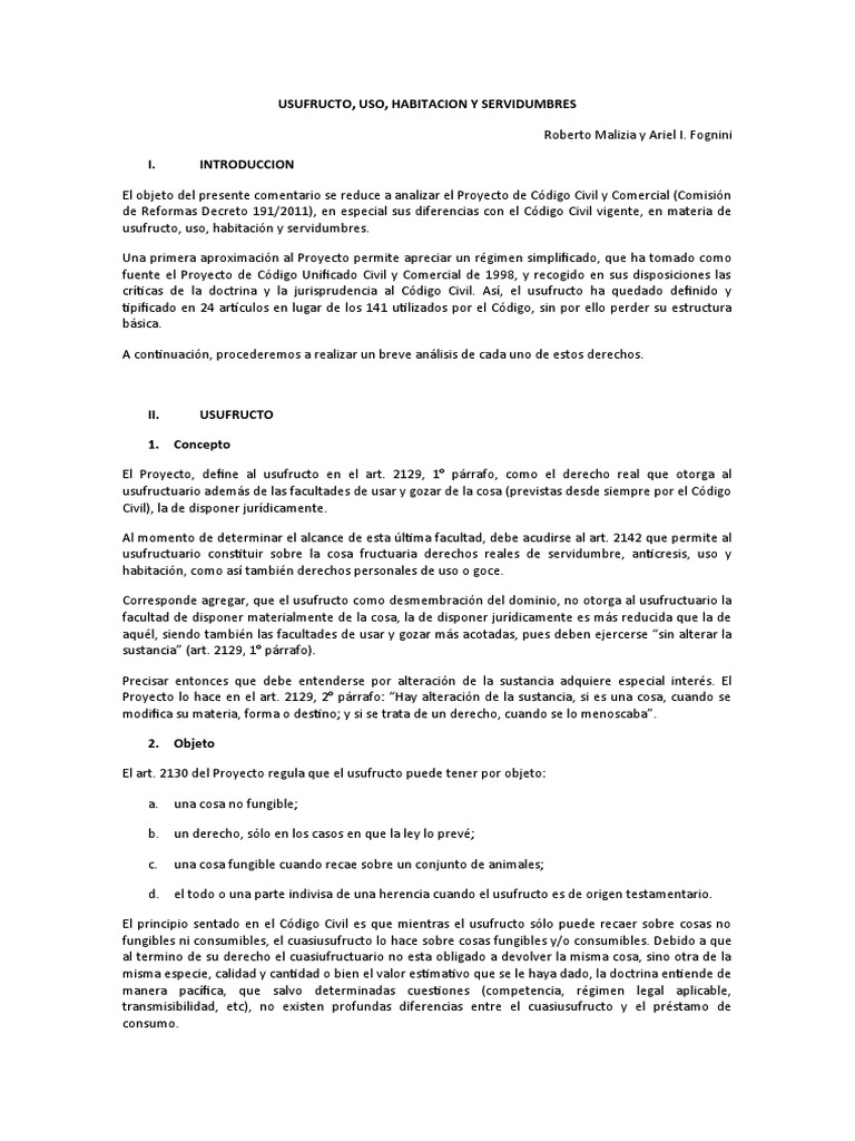 Derechos Reales - Usufructo - Uso - Habitacion - Ariel Fognini y Roberto Malizia | PDF