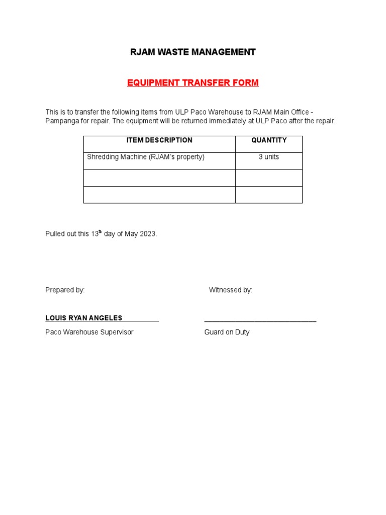 Equipment Transfer & Stock Declaration | PDF | Technology & Engineering