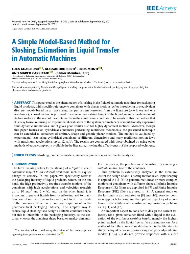 A Simple Model-Based Method For Sloshing Estimation in Liquid Transfer in Automatic Machines | PDF