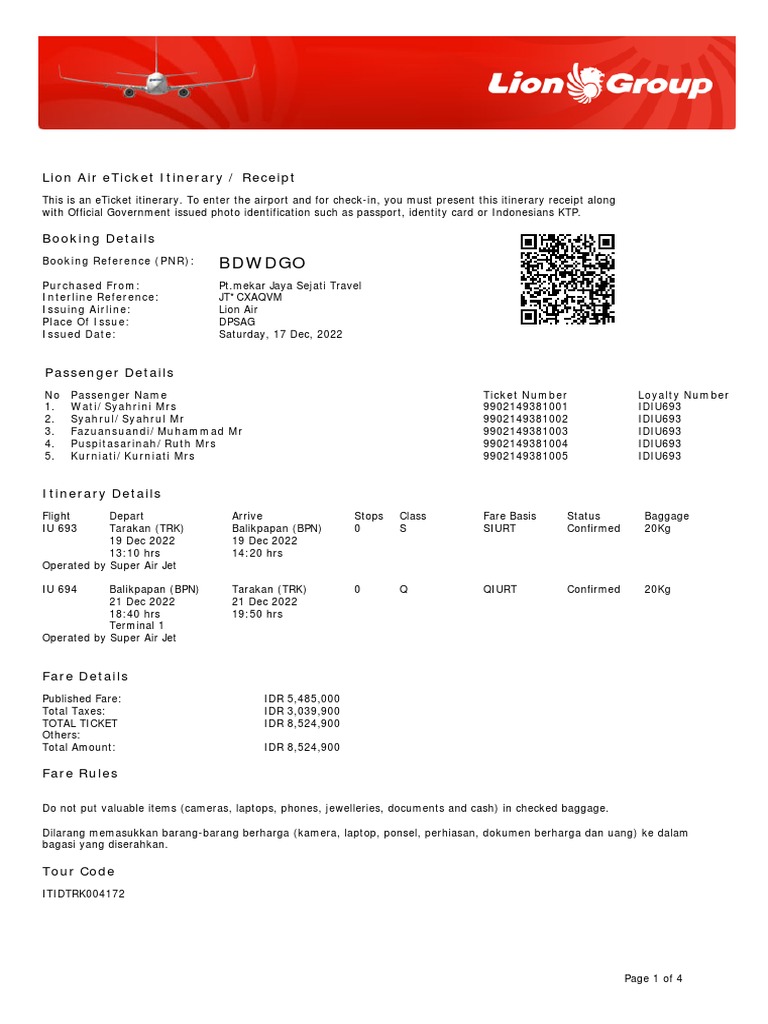 Lion Air eTicket Itinerary Details | PDF | Airlines | Transport