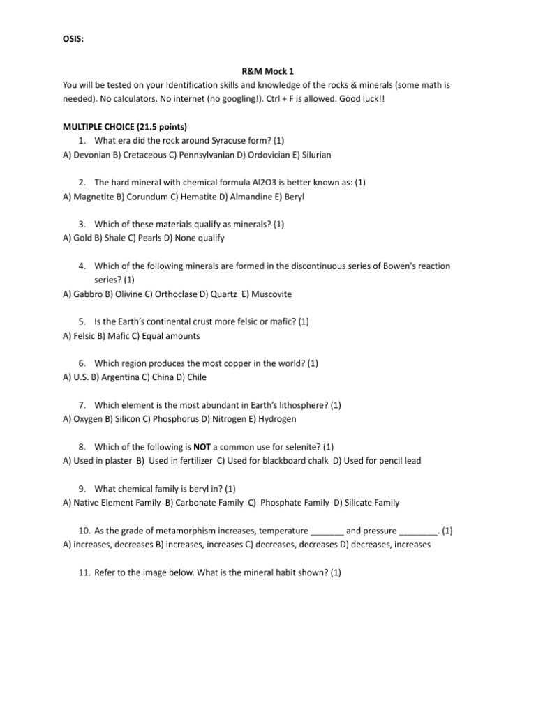 Mineral Identification Practice Test | PDF | Minerals | Rock (Geology)