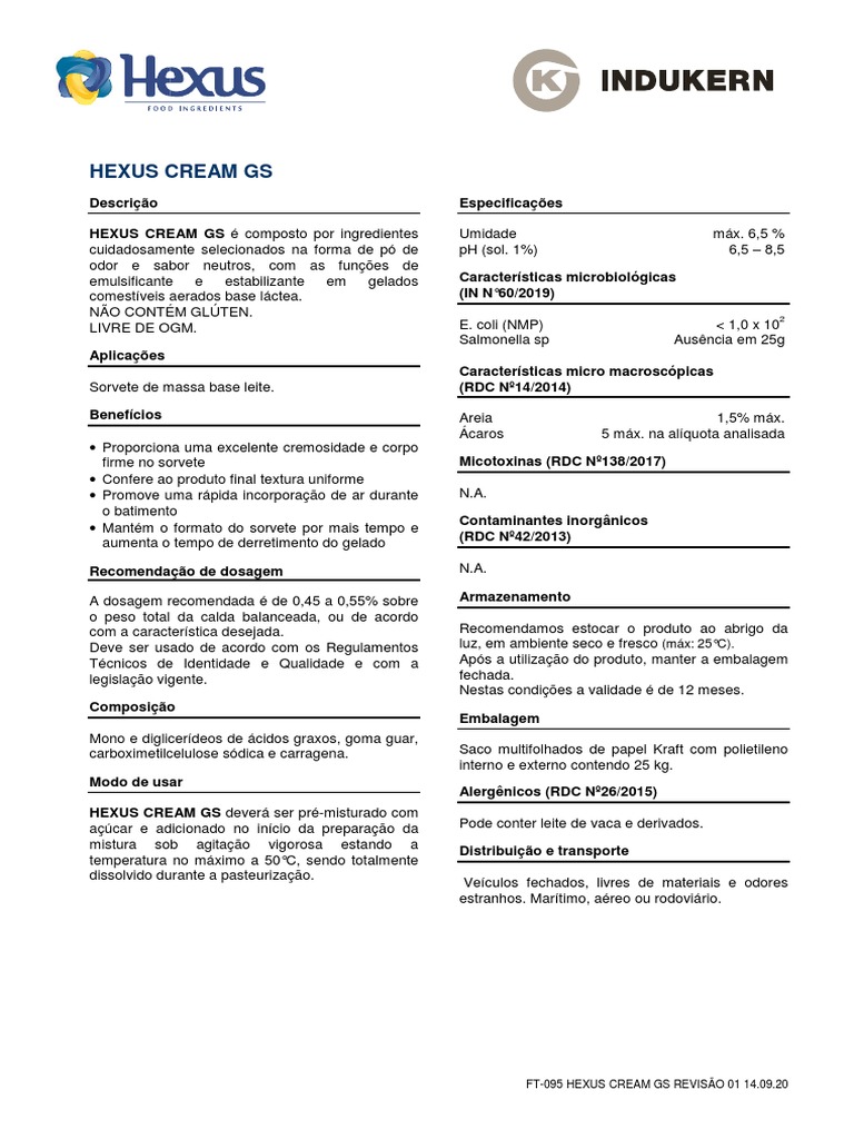 Hexus Cream GS: Emulsificante para Sorvetes | PDF | Sorvete | Leite