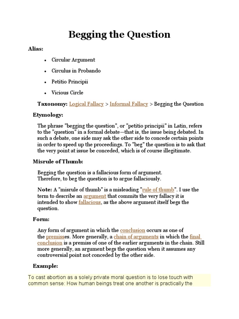 circular reasong - begging the question | PDF | Argument | Fallacy